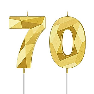 70th Birthday Candles, 3D Diamond Shape Number 70 Candles Happy Birthday Cake Topper Numeral Candles for Birthday Wedding Decoration Reunions Theme Party (Gold)