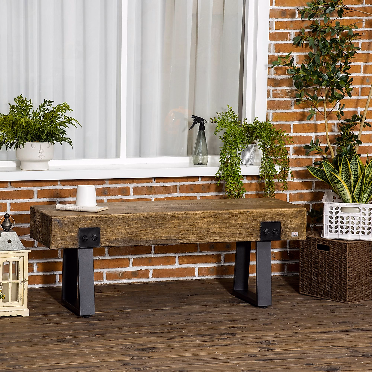 HOMCOM Garden Bench with Metal Legs, Rustic Wood Effect Concrete Entryway Bench, End of Bed Bench, Indoor Outdoor Use for Patio, Park, Porch and Lawn, Natural and Black