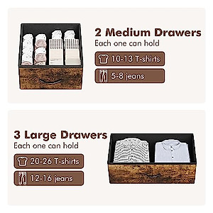 Jojoka Dresser for Bedroom with 5 Drawers, Dressers & Chests of Drawers for Hallway, Entryway, Storage Organizer Unit with Fabric, Sturdy Metal Frame, Wood Tabletop, Easy Pull Handle