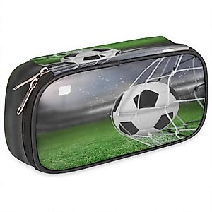 Pencil Case PU Leather Pencil Pouch Pencil Bags Soccer Pencil Organizer with Zipper, Adults Pencil Boxes Makeup Bag Ball Net Pencil Storage Bag for Office School