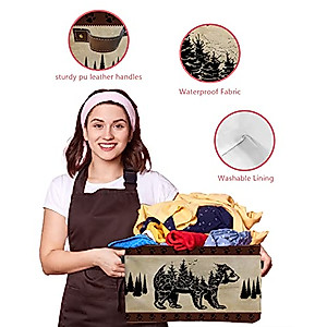 Bear Pine Trees Silhouettes Storage Basket for Shelves, Retro Paper Storage Cube Fabric Storage Bins, Closet Organizers with Handles for Book, Toys, Cloth, 15x11x9.5 Inch