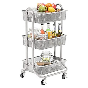 DESIGNA 3-Tier Rolling Utility Cart Storage Shelves Multifunction, Metal Mesh Baskets, Pantry Cart with Lockable Wheels, Gray