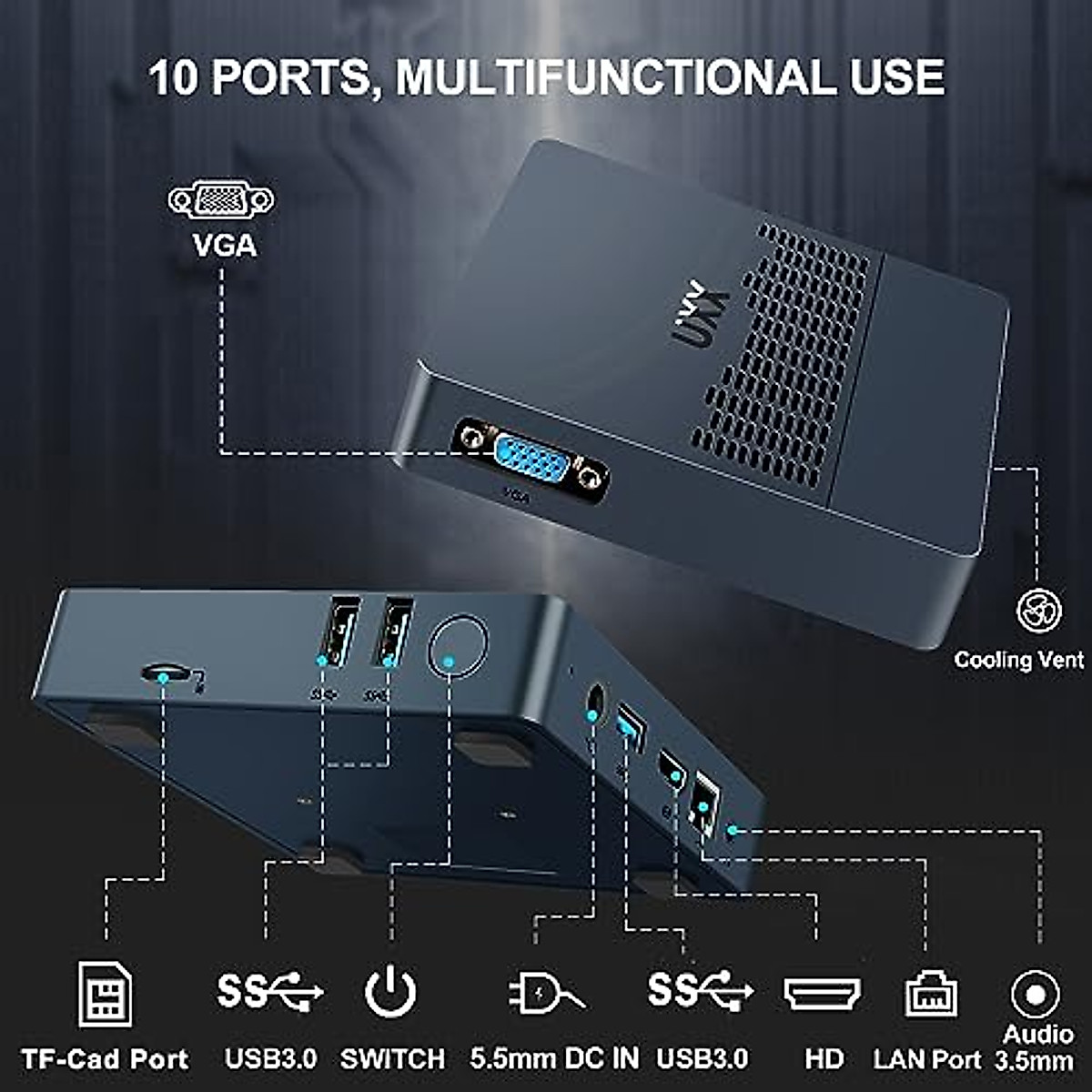 UXX Mini PC Support 512GB/2TB M.2 SSD Expansion, Intel Celeron N3350 6GB RAM/64GB eMMC Micro PC, Business Mini Computer 4K HDMI+VGA Dual Display, BT, 2.4/5G WiFi, USB 3.0, LAN-Blue