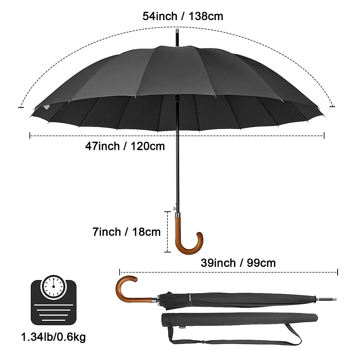 G4Free 54 Inch Large Windproof Umbrella for 2 Persons, 16 Ribs Auto Open Classic Wooden J Handle Cane Stick Golf Rain Umbrellas for Men Women Travel 120cm