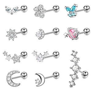 Sanfenly 11Pcs 16G Cartilage Earrings Studs Stainless Steel CZ Forward Helix Tragus Stud Earring Cute Butterfly Moon and Star Cartilage Daith Conch Ear Piercing Jewelry for Women