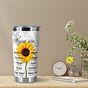 Christian Gifts for Women 20oz Sunflower Tumbler Stainless Steel Double Wall Vacuum Insulated Coffee Mug Travel Cups for Wife Mom Daughter Sister Friend Coworker, Metal Straws and Brush