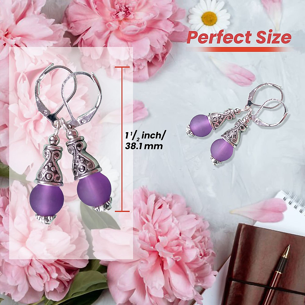 Lavender Beach Sea Frosted Glass Drop Earring Sp Handcrafted Rhinestone Earrings For Women Set + Gift Box For Free