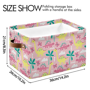 Pink Dinosaur Animal Storage Basket Storage Bin Rectangular Collapsible Storage Box with Leather Handles Nursery Baskets Organizer for Office, Bedroom