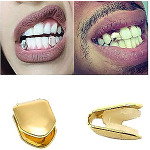 2 Pieces 14K Plated Gold Grillz Mouth Teeth, Hip Hop Teeth Plain, Top Tooth Single Grill Cap for Teeth Mouth Party Accessories Teeth Grills
