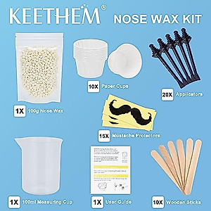 Keethem Nose Wax Kit for Men and Women - Instant Hair Removal, 100g Hard Wax, 20 Applicators, 10 Mustache Guards, and 10 Paper Cups - Painless, Safe, and Long-Lasting Results with 20x Usage - Black Applicators