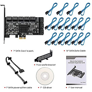 BEYIMEI PCIE SATA Card 16 Ports, 6 Gbit/s SATA 3.0 PCIe Card, PCIe to SATA Controller Expansion Card, Boot as System Hard Drive, Suitable for All PCIE Slots (JMB575 + ASM1064)