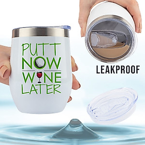 JENVIO Golf Gifts for Women | White Stainless Steel Wine Tumbler Sliding Lid and Straw | Funny Female Themed Stuff for Golfers Christmas Gift (12 Ounce)