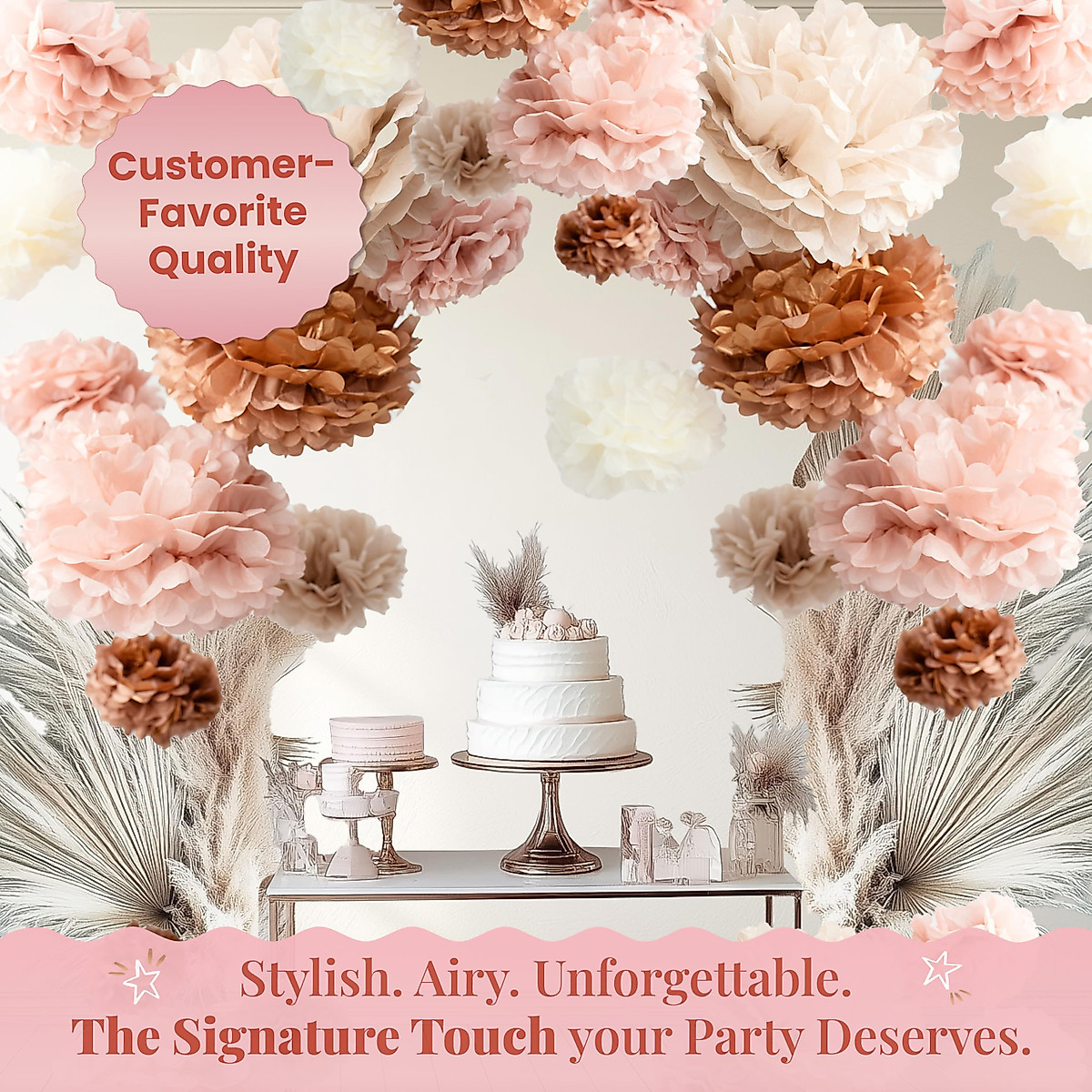 Vidal Crafts 20 PCS Dusty Pink, Rose Gold, Ivory, Pastel Grey, Tissue Paper Pom Poms Kit, 14", 10", 8", 6", Tissue Paper Flowers for Wedding, Birthday, Bridal Shower, Bachelorette, Baby Shower Décor