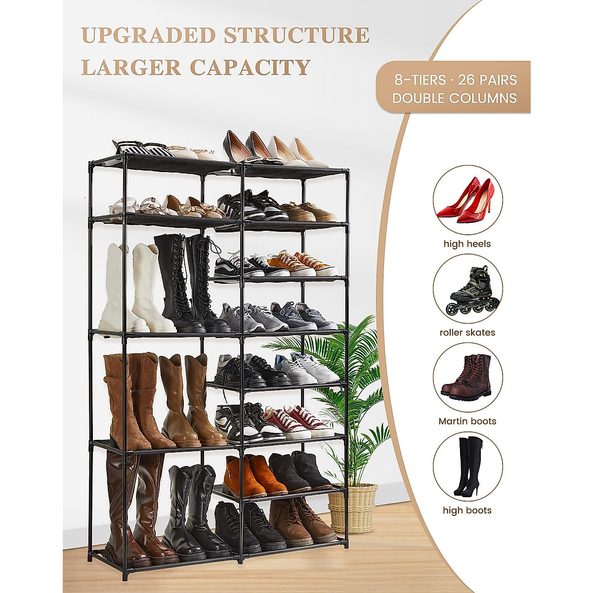HOUSE AGAIN Shoe Rack Storage Organizer, 8 Tier Tall Shoe Rack,Shoe Holder,Shoe Stand,Free Standing Shoe Shelf for Garage Closet Entryway, 26-30 Pairs Metal Shelf Large Stackable for Boot,Black