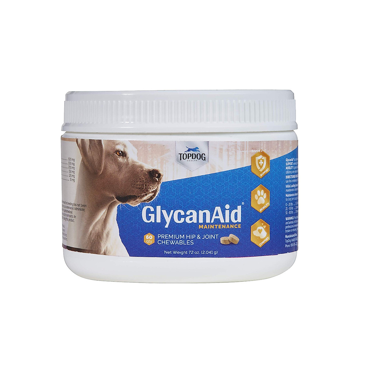 TopDog Health GlycanAid Maintenance Joint Nutrition for Dogs (60 Chewable Tablets), Made in USA-USA Ingredients: Glucosamine HCL, Chondroitin Sulfate, MSM, Vitamin C