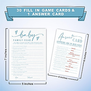 Baby Family Feud Game Set For Baby Shower - Minimalism White & Blue - 30 Double-Sided Fill In Style Game Cards With Answer Cards, Gender Reveal, Baby Announcement, Party Favor & Supplies - A04
