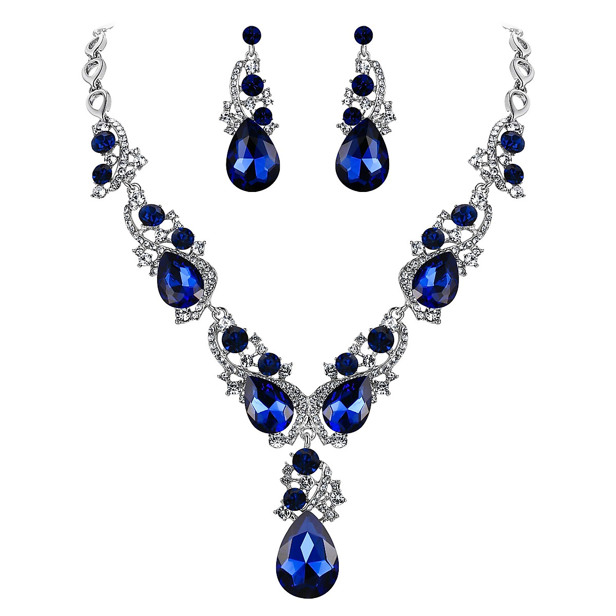 BriLove Wedding Bridal Necklace Earrings Jewelry Set for Women Multi Teardrop Cluster Crystal Statement Necklace Dangle Earrings Set Navy Blue Sapphire Color Silver-Tone.