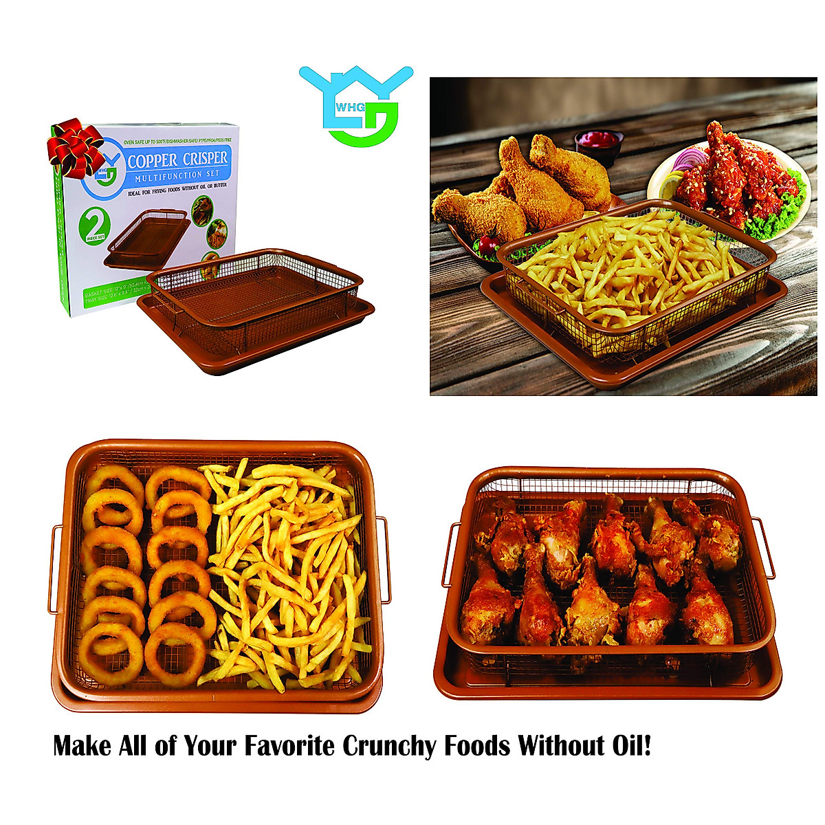 Deluxe Copper Crisper - 2-Pieces Nonstick Oven Air Fryer Pan/Tray & Mesh Basket Set - Air Fryer in Oven - Ideal for French Fry - Frozen Food, Baking Sheet without Oil - Bonus Pizza Cutter - WHG