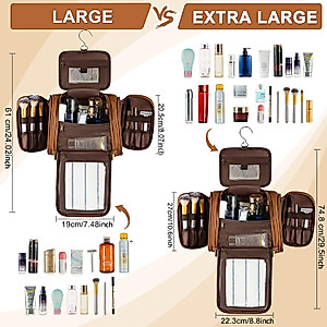 Elviros Travel Hanging Toiletry Bag for Women and Men, Large PU Leather Toiletries Organizer, Water-resistant Bathroom Shaving Kit for Cosmetics, Makeup Case (Large, Brown)