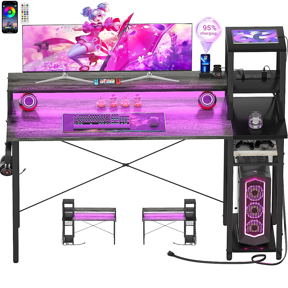 armocity 2024 Upgrade Gaming Desk with LED Lights, Small Computer Desk with Long Monitor Stand, 47.2'' Reversible Laptop Table with Storage Shelves, Small Desk for Small Spaces, Gaming Room, Grey