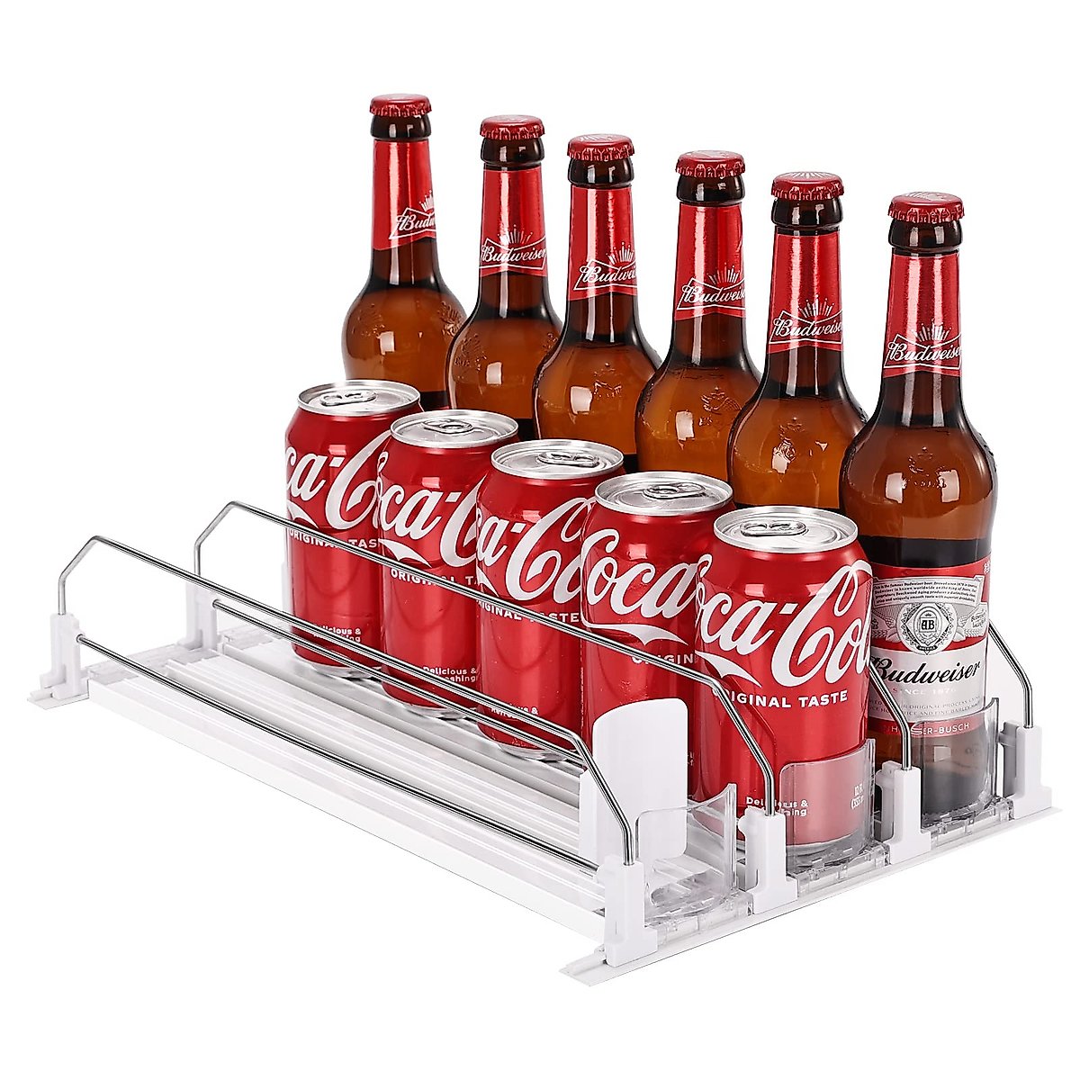 Drink Organizer for Fridge, Self-Sliding Soda Can Organizer for Refrigerator and Adjustable Width, 12oz 16oz 20oz drinks can be accommodated, up to 40+ Cans（5+3 ROWS）