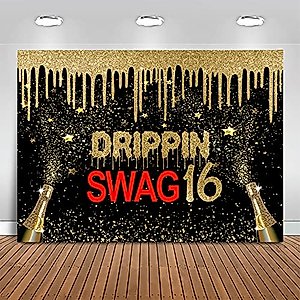 Mocsicka Drippin Swag 16 Birthday Backdrop Gold Black Hip Hop Birthday Party Decoration Teenager Boy Man Swag Birthday Background (7x5ft (82x60 inch))
