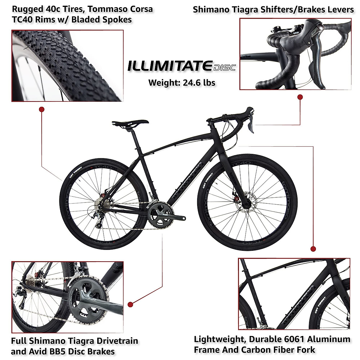 Illimitate Sport Performance Aluminum Gravel Bike Carbon Fork Shimano Tiagra 20 Speeds Road Bicycle Men Road Bikes For Men Bike Men Women Sport Bike Speed Bike Racing Bike Adult Bike City Bike Md 56cm