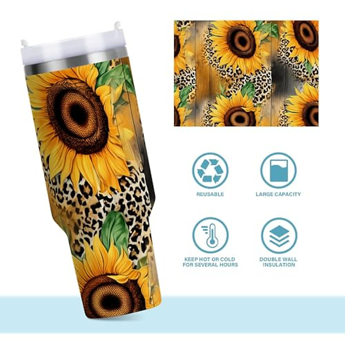ODAWA 40 Oz Sunflowers Water Tumbler with Handle and Straw, Stainless Steel Insulated Tumblers