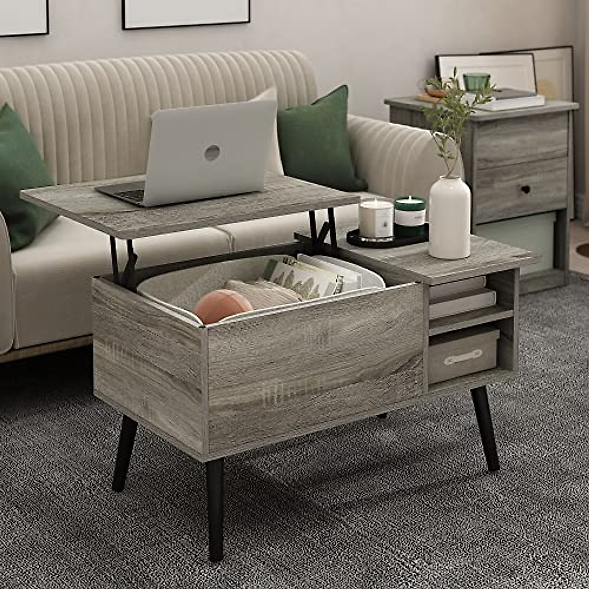 Furinno Jensen Living Room Wooden Leg Lift Top Coffee Table With Hidden Compartment and Side Open Storage Shelf, French Oak Grey