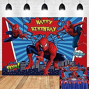 Red Spider Photography Backdrop Baby Boys Happy Birthday Party Decorations Vinyl Children Photo Booth Studio Props Background Superhero Cityscape 5x3ft Banner Dessert Table Baby Shower Supplies