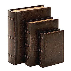 Deco 79 Wood Faux Book Box with Faux Leather Detailing, Set of 3 13", 10", 8"H, Brown