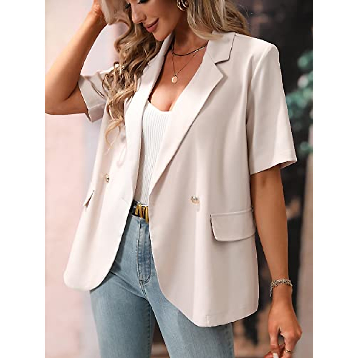 SweatyRocks Women's Casual Lapel Neck Pocket Blazer Short Sleeve Button Down Work Office Blazer Jacket Apricot S