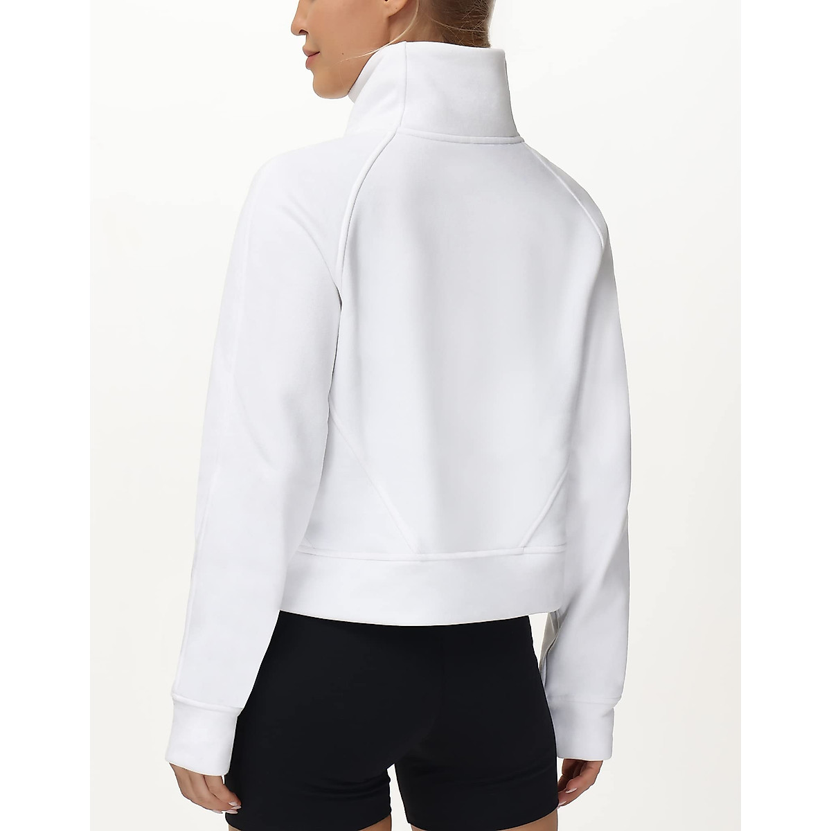 THE GYM PEOPLE Women's Half Zip Pullover Sweatshirt Fleece Stand Collar Crop Sweatshirt with Pockets Thumb Hole White