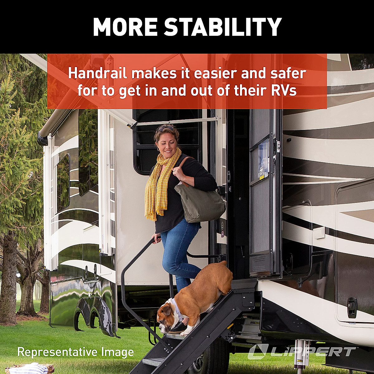 Lippert Solid Step Entry Assist Handrail, Accommodates Door Widths up to 36”, Easy Installation, Locking Pins for 5” Adjustment, for 5th Wheel RVs, Travel Trailers, Motorhomes - 799640, Black
