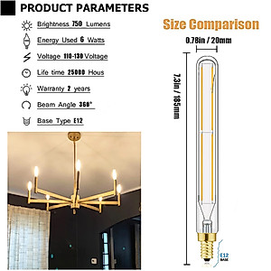 E12 Long Tubular Light Bulbs,6W Led Edison Bulbs Soft White 3000K,750lm,7.3Inch,75Watt Candelabra Incandescent Bulbs Equivalent Vintage LED Filament Edison Candle Bulbs,6Pack.
