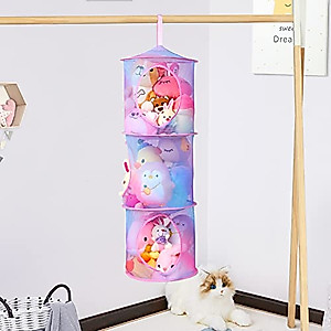 Basumee Stuffed Animals Net or Hammock 2Pcs Hanging Stuffed Animals Storage 3 Compartments Toy Net Hammock for Stuffed Animals Organizer Mesh Stuff Animals Hammock for Kids Girls Room, Rainbow