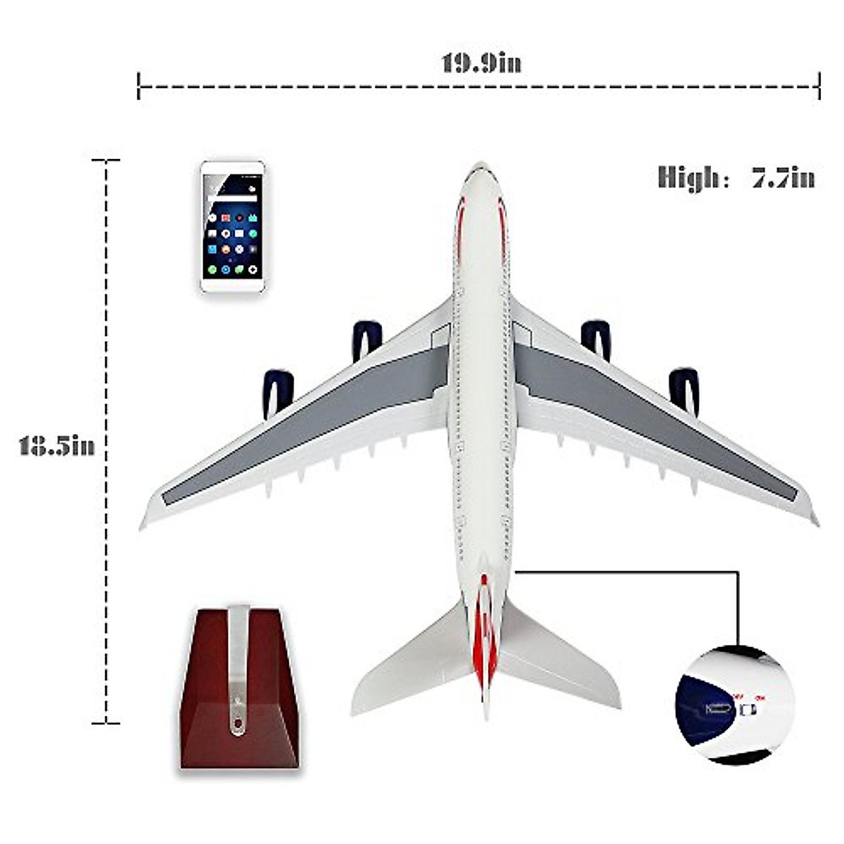 24-Hours 18" 1:160 Scale Diecast Plane Model British Airways A380 Model Airplane Collection with LED Light(Touch or Sound Control) for Decoration or Gift