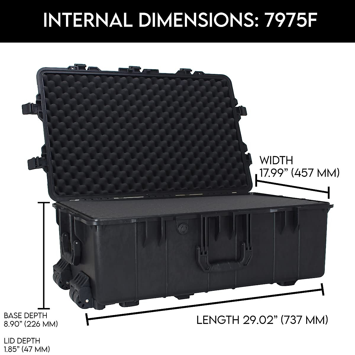 DCB Cases - Element 7975F | 32 x 21 x 12 Ext Dim | IP67 Waterproof | Pluck Foam Insert | Telescoping Handle | Rubberized Grips | Resin-Reinforced Injection Molded Plastic | 7 Latch Lid Close | Wheels