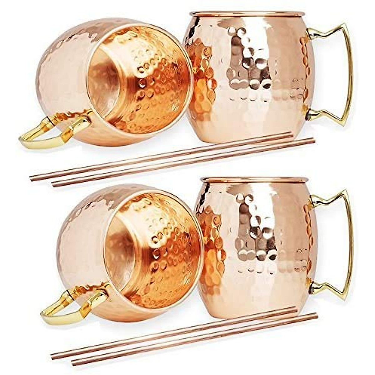 Hammered Moscow Mules Mug 560 ML/18 oz - Set of 4, Copper Plated (Free 4 pcs Wooden Coaster + 4 PCS copper straw )
