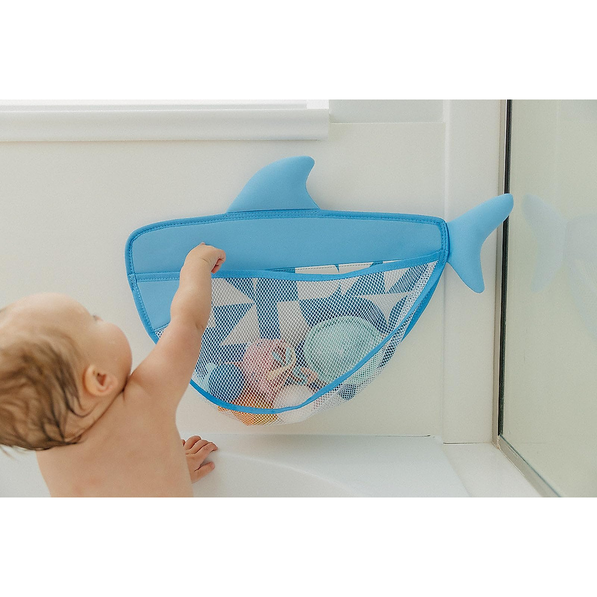 Oceana Bath Toy Organizer with Suction Cups by Copper Pearl: Extra-Large Mesh Bath Toy Holder for Bathtub, Quick-Dry Bath Toy Storage Net, Convenient Bath Toy Net for Tub - Finn