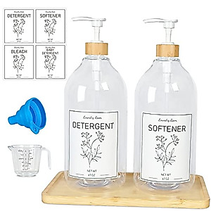 Liquid Laundry Detergent Dispenser, Laundry Detergent Container for Laundry Room, 67oz Storage Container for Farmhouse Decor, Includes Pumps, Collapsible Funnel, Labels and Bamboo Tray