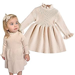 Curipeer Infant Toddler Girls Sweater Dresses Long Sleeve Ribbed Knit Pullover Ruffle Cozy Dress 4T
