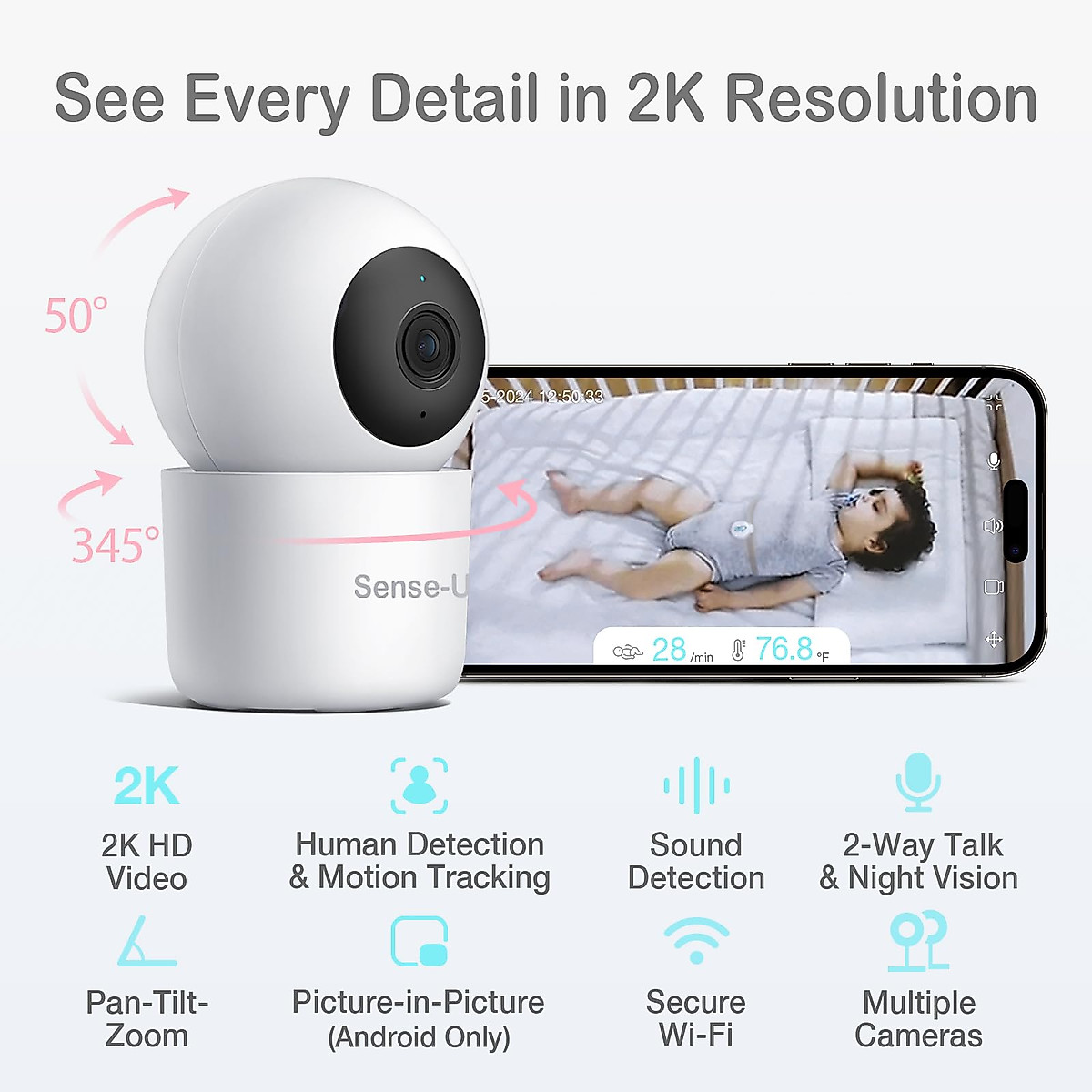 Sense-U Smart Baby Monitor 3 + Video Baby Monitor with Remote Pan-Tilt-Zoom Camera