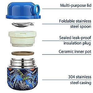 Healthlif 10oz Kids Soup Thermos for Hot Food Insulated Food Jar,Ceramic Coating Thermos Hot Food Lunch Container, Width Mouth Stainless Steel Lunch Box with Spoon(Blue Dino)