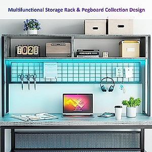 Unikito U Shaped Computer Desks with Hutch, 106 Inch Large Reversible L Shaped Office Desk with Power Outlets and LED Strip, U Shape Gaming Table with Monitor Stand and Storage Shelves, White Oak