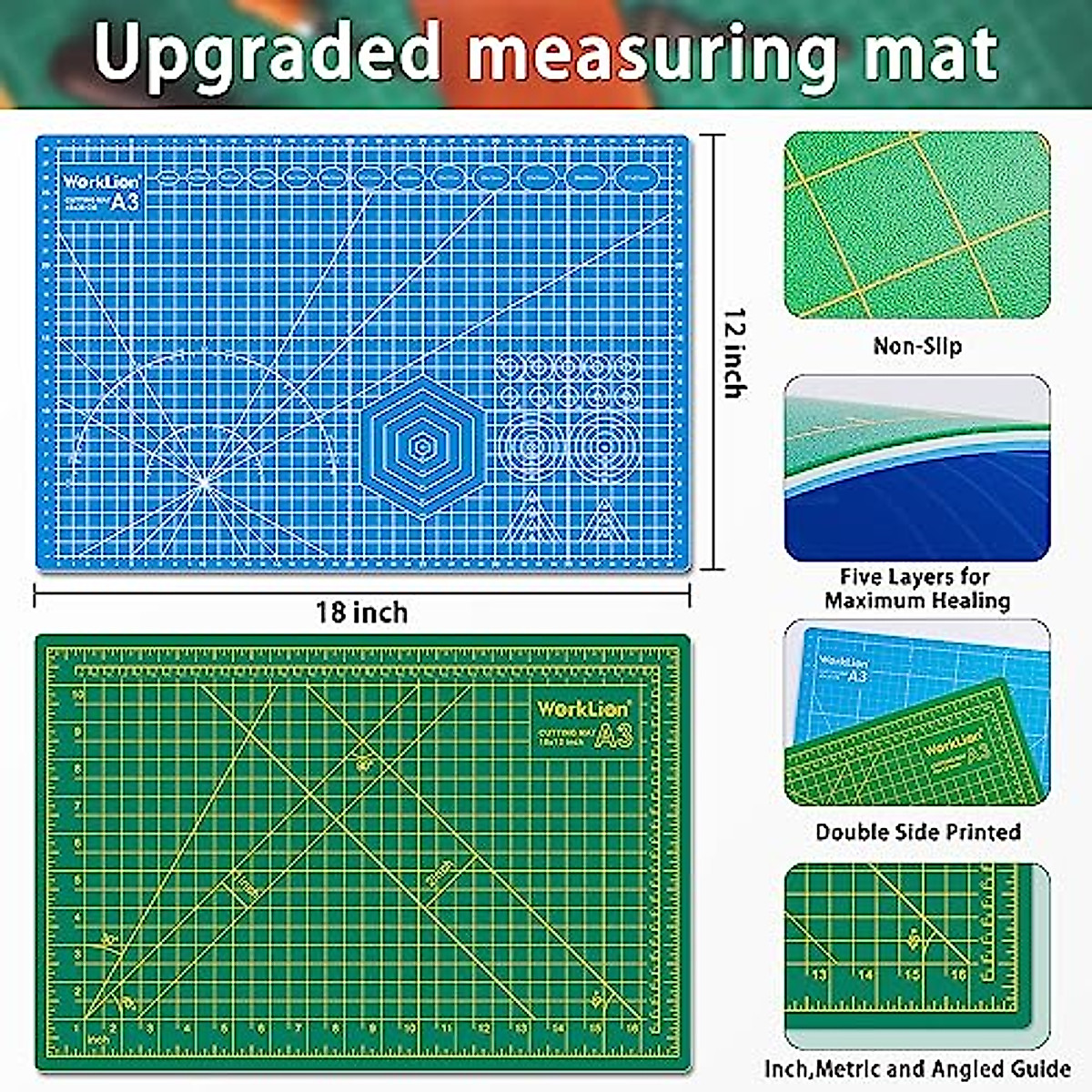 WORKLION 12" x 18" Art Self Healing PVC Cutting Mat, Double Sided, Gridded Rotary Cutting Board for Craft, Fabric, Quilting, Sewing, Scrapbooking Project……