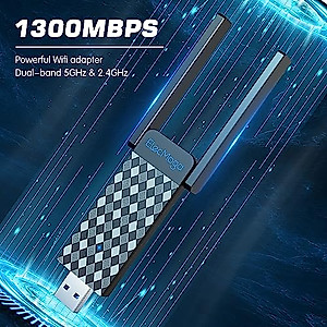 USB WiFi Adapter, ElecMoga 1300Mbps Wireless Network Adapter Dual Band 5GHz/2.4GHz WiFi Dongle USB 3.0 5dBi Antenna WiFi Adaptor for Desktop PC, Support Windows 11/10/8.1/8/7, Mac OS 10.9-10.15