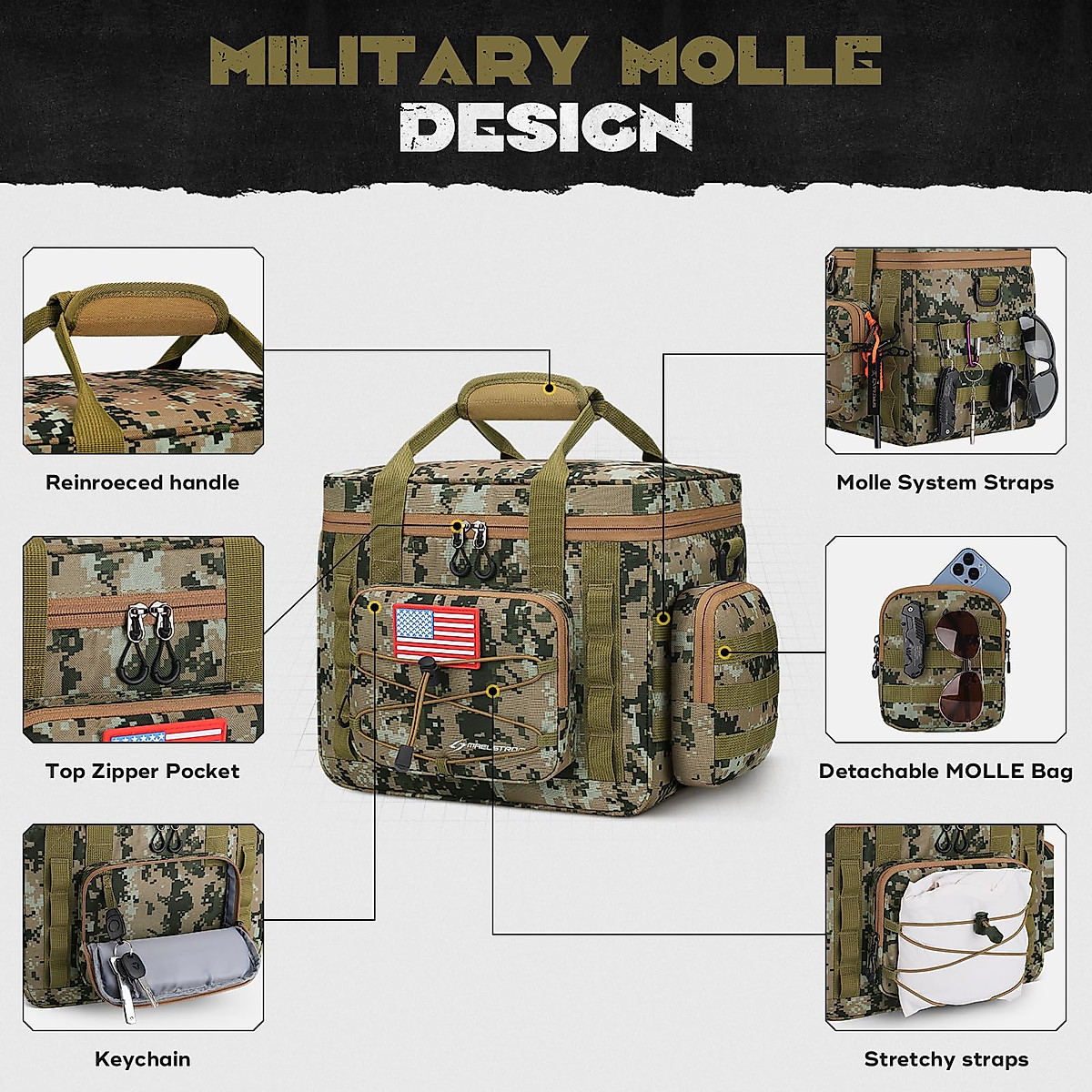Maelstrom Tactical Lunch Box, Insulated Lunch Bag for Men, Durable Leakproof Soft Cooler Bag with Detachable MOLLE Bags, Large Lunch Tote for Adult Women Work,Picnic,20 Cans/15 L, Camouflage