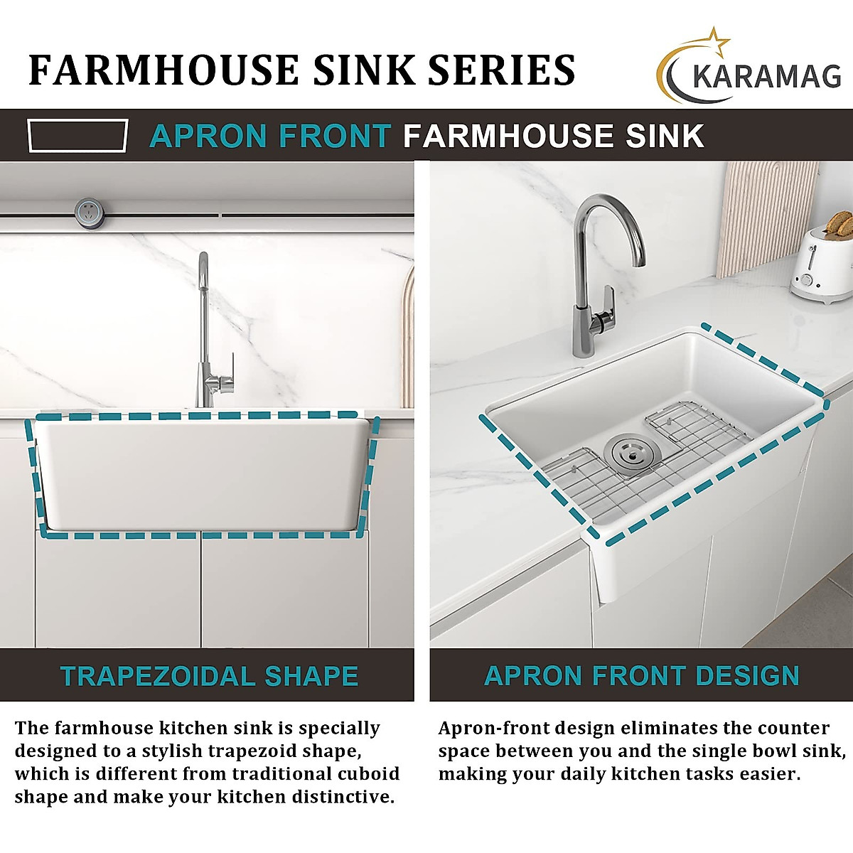 KARAMAG 24 Inch Farmhouse Kitchen Sink with Bottom Grid and Strainer, White Single Bowl Kitchen Sink Apron Front Ceramic Farm Sinks for Kitchens