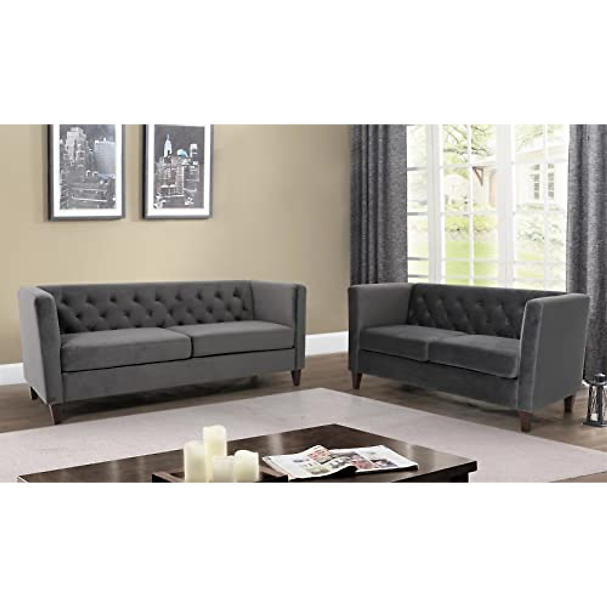US Pride Furniture Modern Style Soft Elegant High Density Foam Cool Grey Velvet Button-Tufted 3 PC Living Room Set with Removable Cushion & Solid Wood Legs (S5708-5714) Sofas